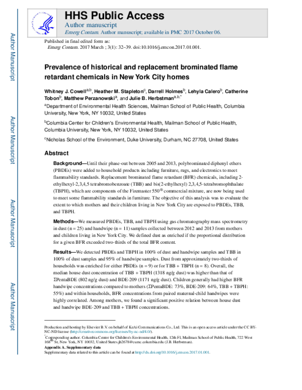 (PDF) Prevalence of historical and replacement brominated flame retardant chemicals in New York ...