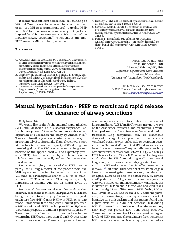 (PDF) Manual hyperinflation - PEEP to recruit and rapid release for clearance of airway secretions