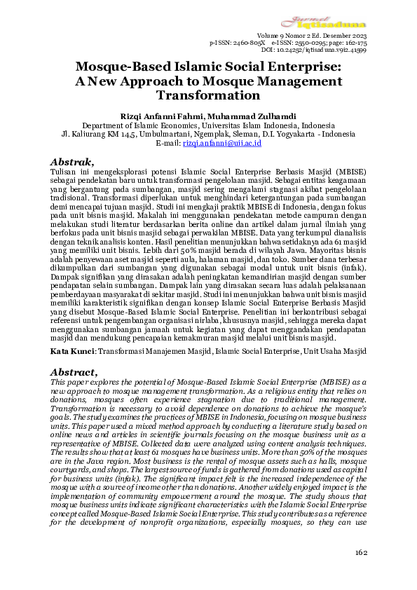 (PDF) Mosque-Based Islamic Social Enterprise: A New ‎Approach to Mosque ...