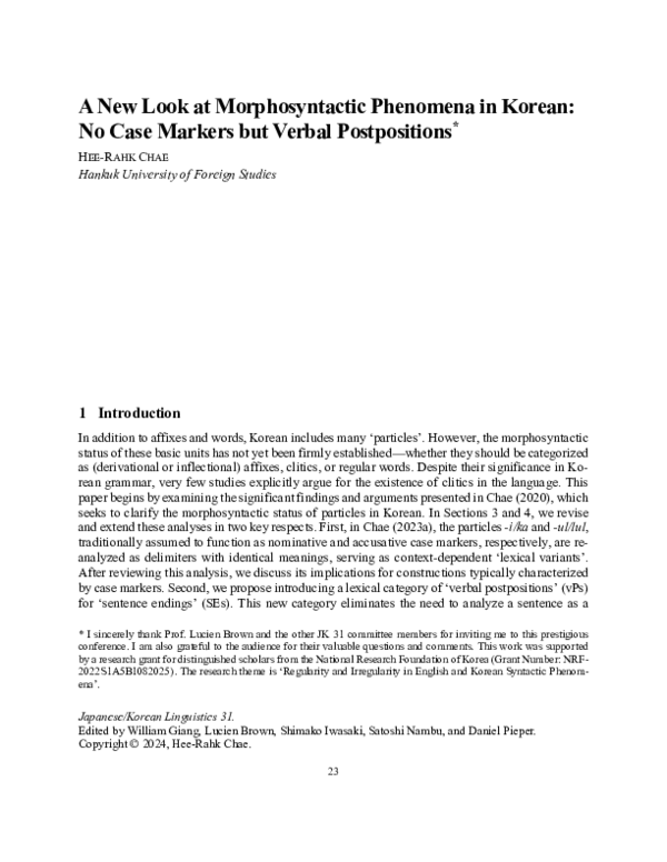 (PDF) A New Look at Morphosyntactic Phenomena in Korean: No Case ...