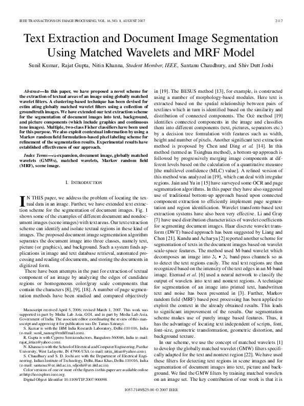 (PDF) Text Extraction and Document Image Segmentation Using Matched Wavelets and MRF Model
