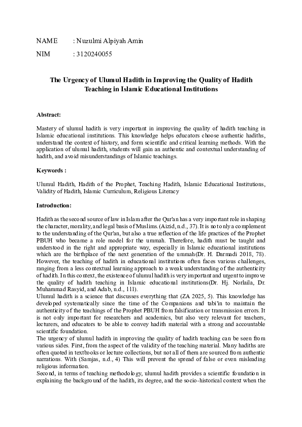 (PDF) The Urgency of Ulumul Hadith in Improving the Quality of Hadith ...