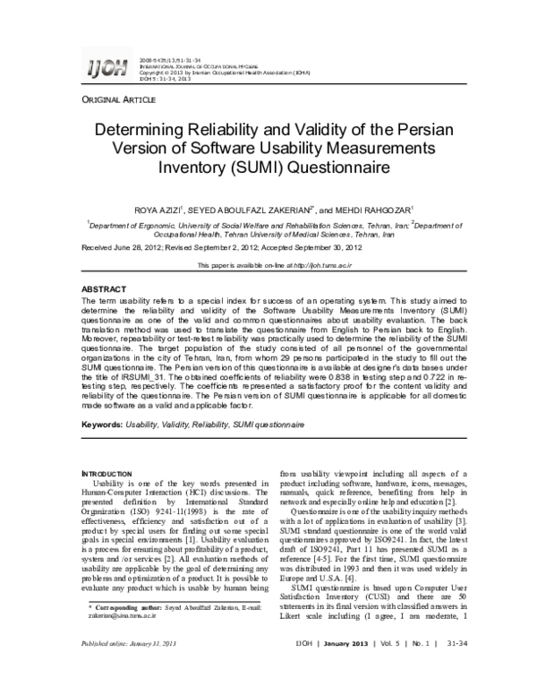 (PDF) Determining Reliability and Validity of the Persian Version of ...