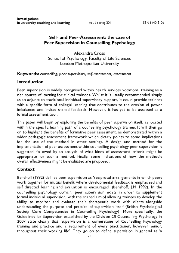 (PDF) Self- and Peer-Assessment: the case of Peer Supervision in Counselling Psychology