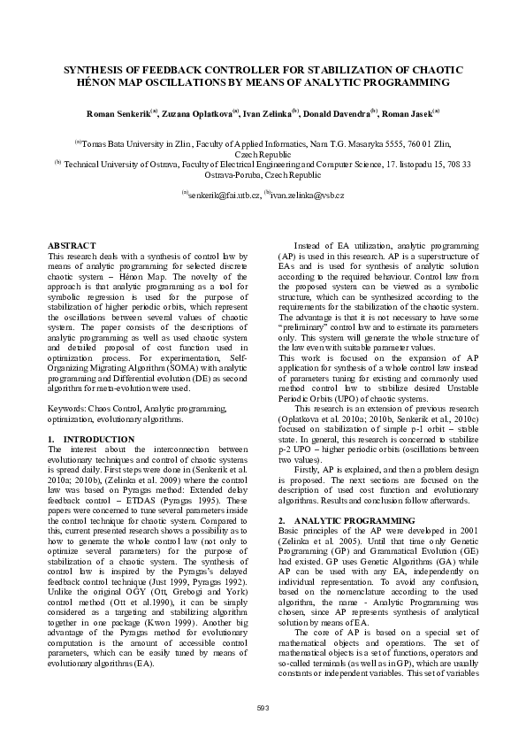 (PDF) Synthesis of Feedback Controller for Stabilization of Chaotic Henon Map Oscillations by ...