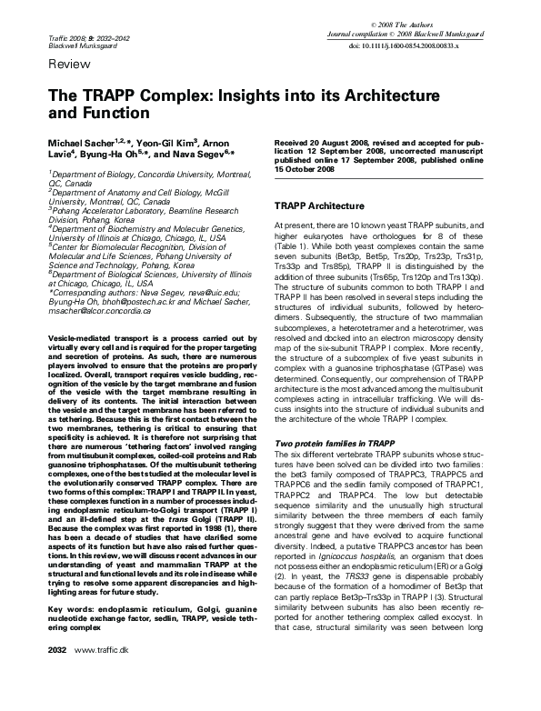 (PDF) The TRAPP Complex: Insights into its Architecture and Function