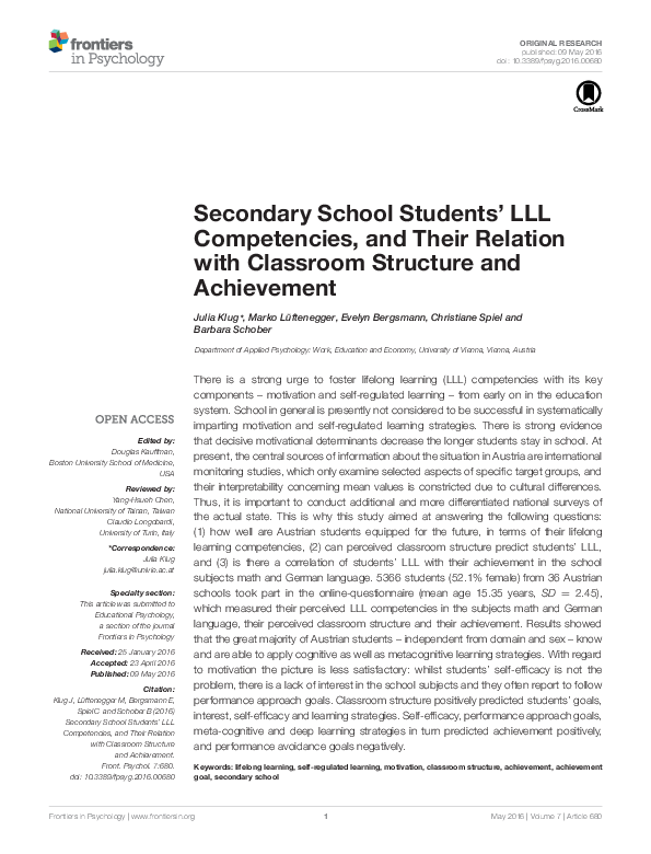 (PDF) Secondary School Students’ LLL Competencies, and Their Relation with Classroom Structure ...