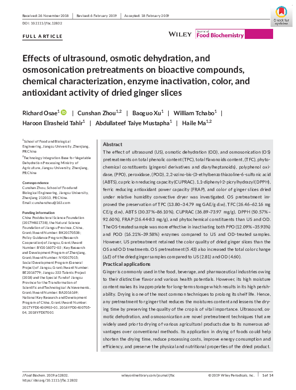 (PDF) Effects of ultrasound, osmotic dehydration, and osmosonication pretreatments on bioactive ...