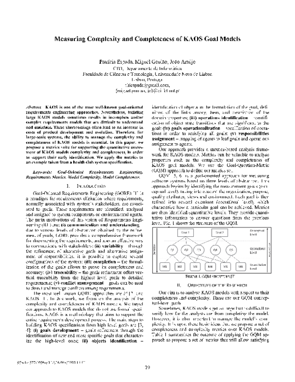 (PDF) Measuring complexity and completeness of KAOS goal models
