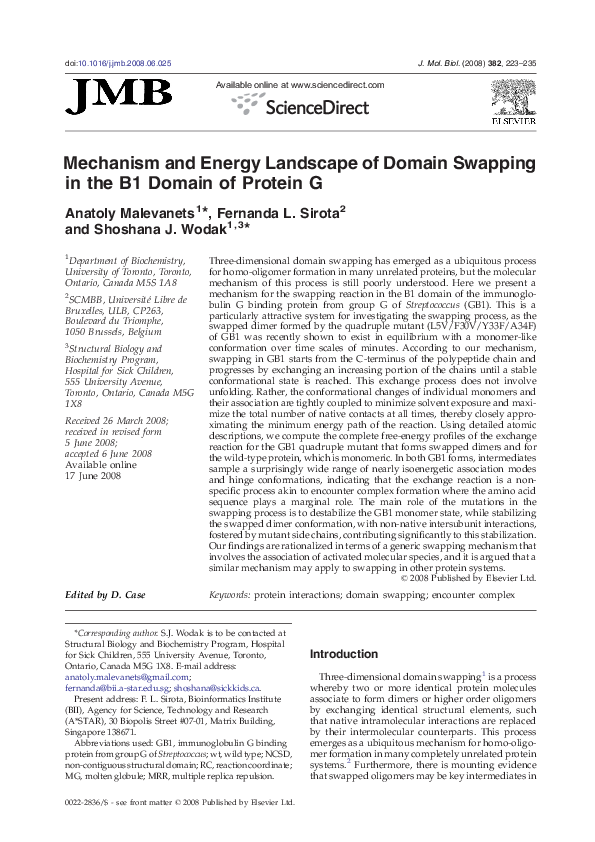 (PDF) Mechanism and Energy Landscape of Domain Swapping in the B1 ...