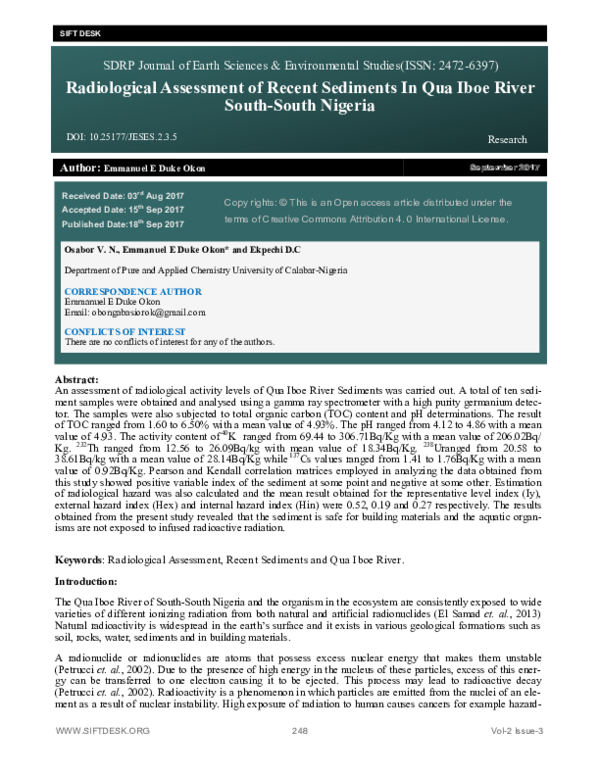 (PDF) Radiological Assessment of Recent Sediments In Qua Iboe River ...