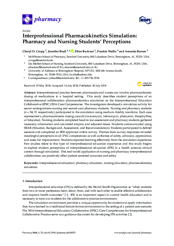 (PDF) Interprofessional Pharmacokinetics Simulation: Pharmacy and Nursing Students’ Perceptions