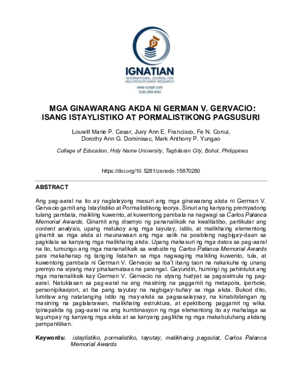 (PDF) MGA GINAWARANG AKDA NI GERMAN V. GERVACIO ISANG ISTAYLISTIKO AT ...