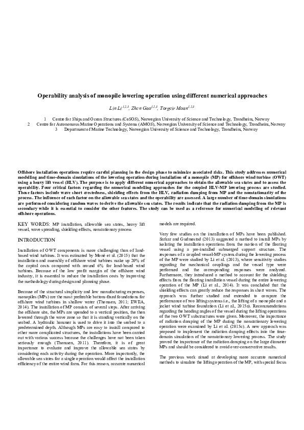 (PDF) Operability Analysis of Monopile Lowering Operation Using ...