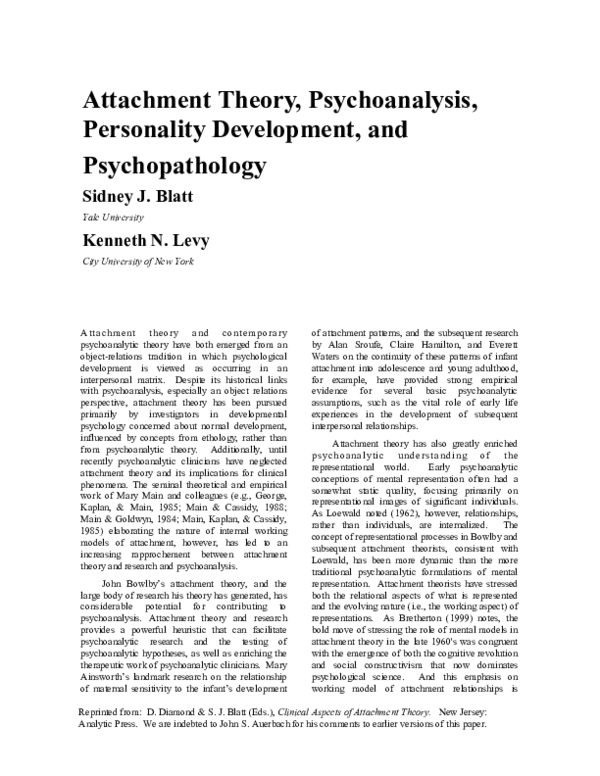 (PDF) Attachment Theory, Psychoanalysis, Personality Development, and Psychopathology