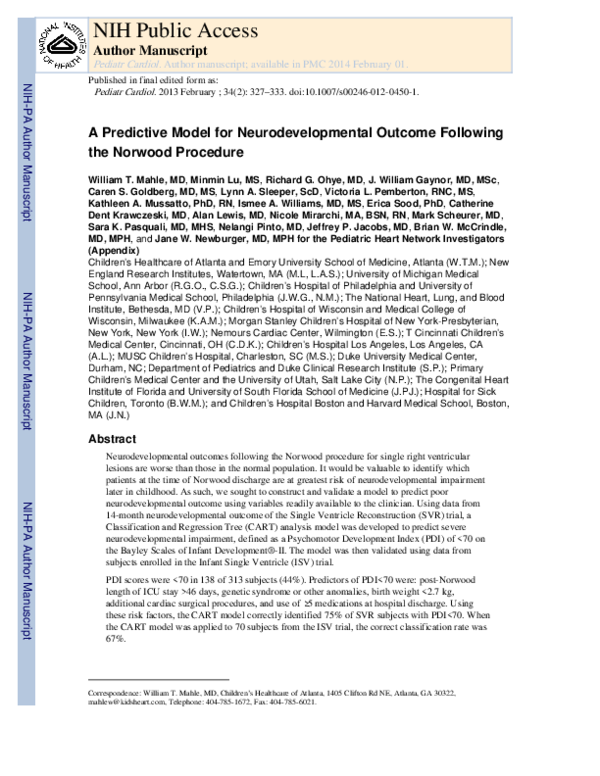 (PDF) A Predictive Model for Neurodevelopmental Outcome After the ...
