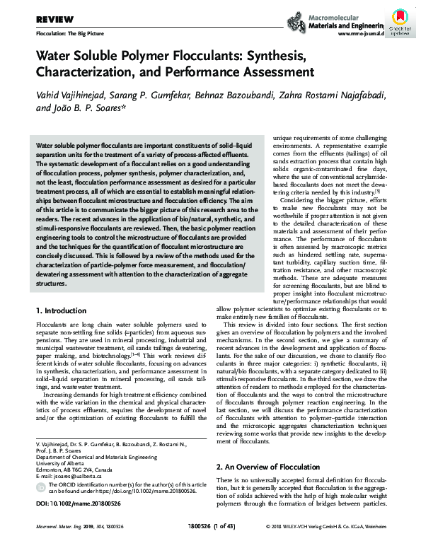 (PDF) Water Soluble Polymer Flocculants: Synthesis, Characterization, and Performance Assessment