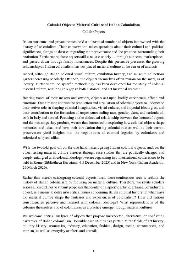 (PDF) CFP: Colonial Objects. The material culture of Italian colonialism