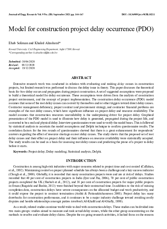 (PDF) Model for construction project delay occurrence (PDO)