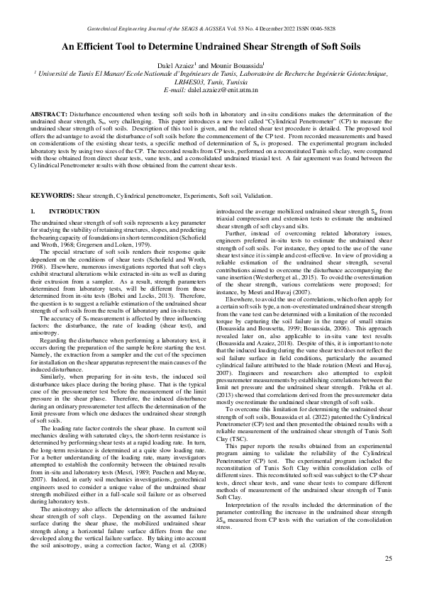 (PDF) An Efficient Tool to Determine Undrained Shear Strength of Soft Soils