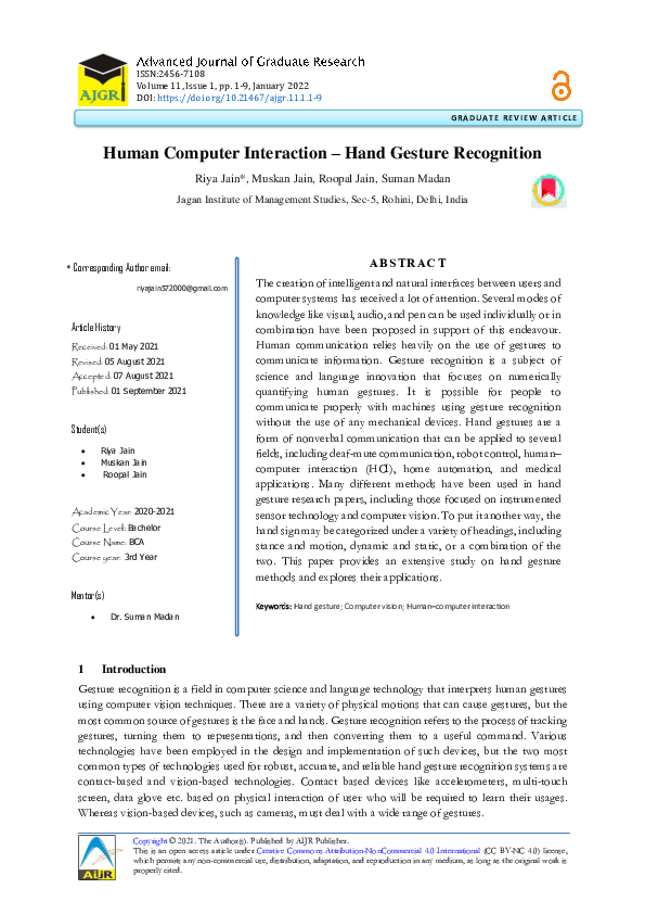 (PDF) Human Computer Interaction – Hand Gesture Recognition