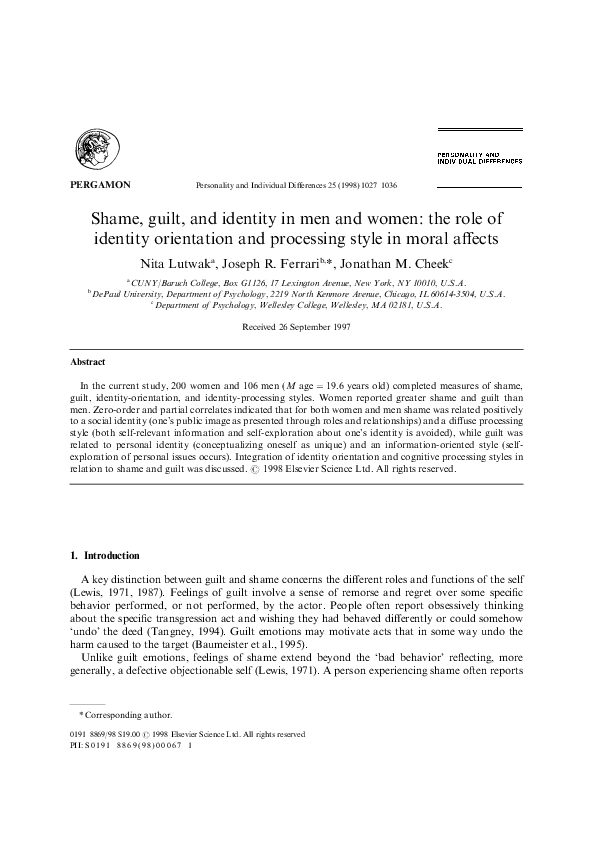 (PDF) Shame, guilt, and identity in men and women: the role of identity ...