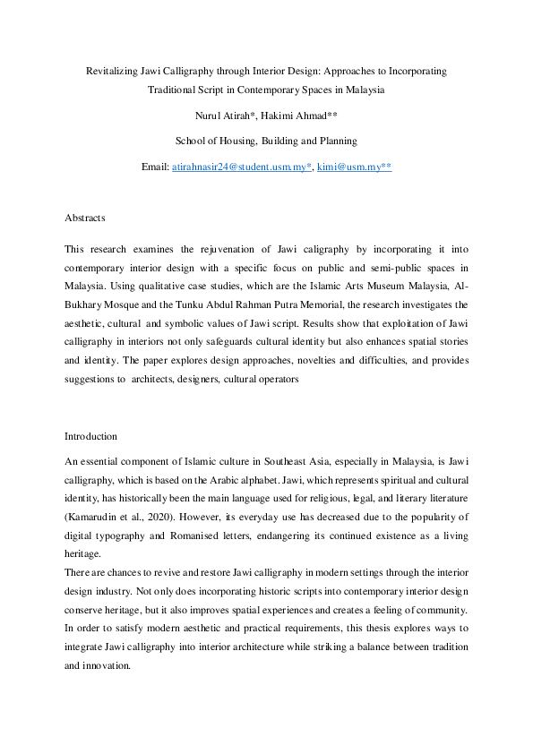 (PDF) Revitalizing Jawi Calligraphy through Interior Design: Approaches ...