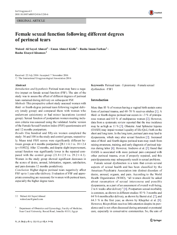(PDF) Female sexual function following different degrees of perineal tears