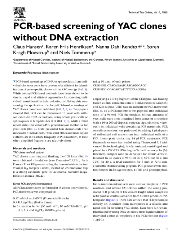 (PDF) PCR-based screening of YAC clones without DNA extraction