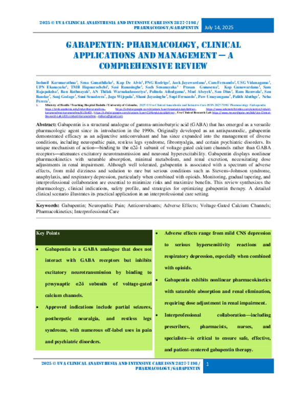 (PDF) Gabapentin: Pharmacology Clinical Applications and Management