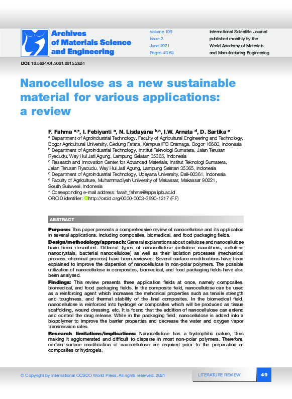 (PDF) Nanocellulose as a new sustainable material for various applications: a review
