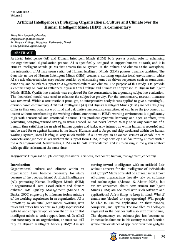(PDF) Artificial Intelligence (AI) Shaping Organizational Culture and Climate over the Human ...