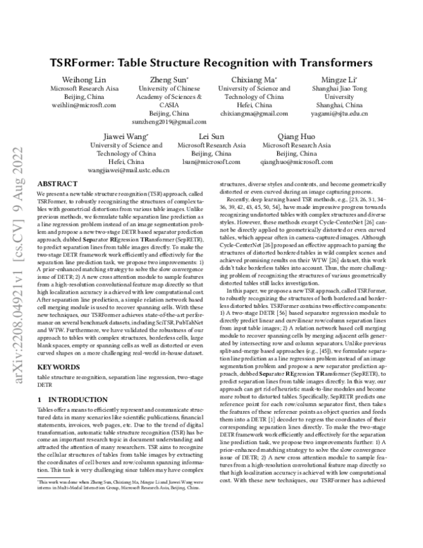 (PDF) TSRFormer: Table Structure Recognition with Transformers