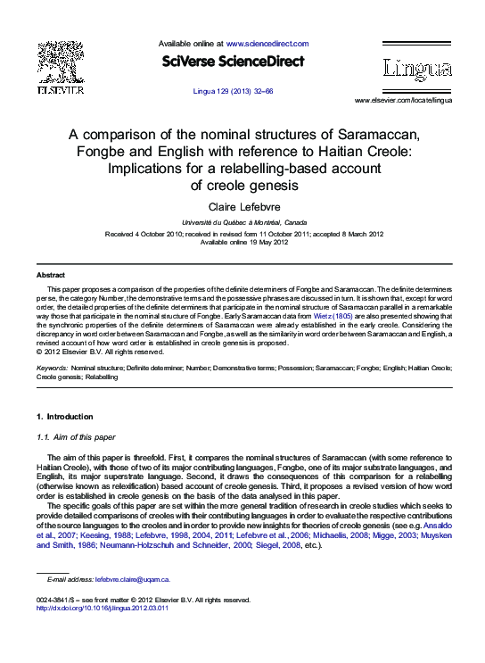 (PDF) A comparison of the nominal structures of Saramaccan, Fongbe and ...