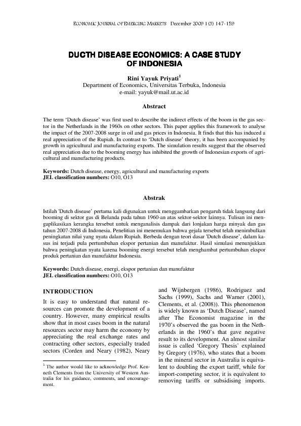 (PDF) Dutch Disease Economics A case Study of Indonesia