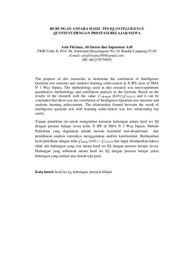 (PDF) Hubungan Antara Hasil Tes Iq (Intelligence Quotient) Dengan ...
