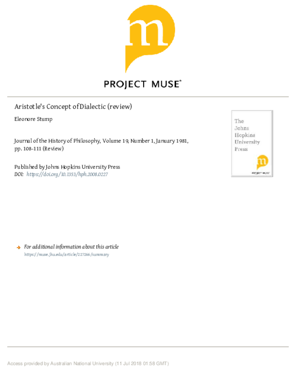(PDF) Aristotle's Concept of Dialectic (review)