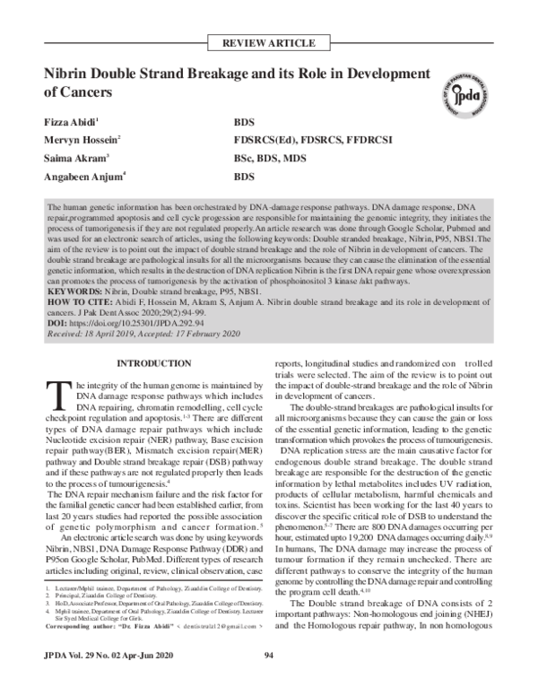 (PDF) Nibrin Double Strand Breakage and its Role in Development of Cancers