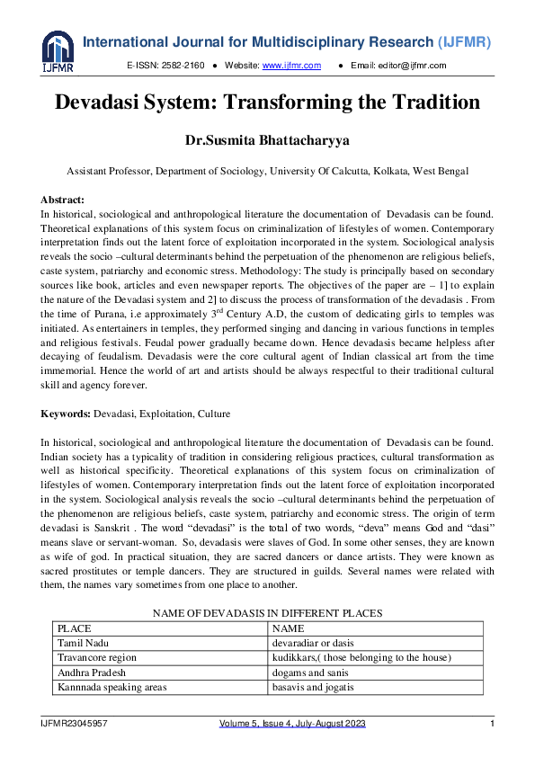 (PDF) Devadasi System: Transforming the Tradition
