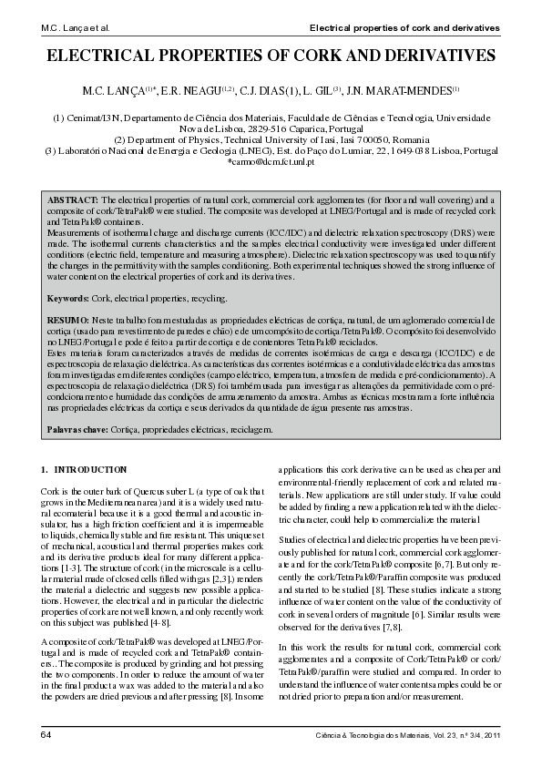 (PDF) Electrical properties of cork and derivates