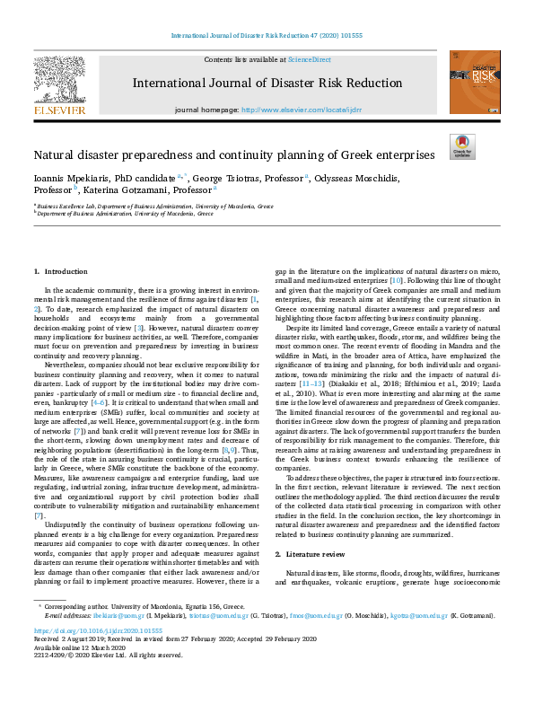 (PDF) Natural disaster preparedness and continuity planning of Greek ...