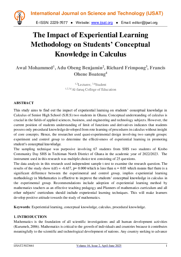 (PDF) The Impact of Experiential Learning Methodology on Students' Conceptual Knowledge in Calculus
