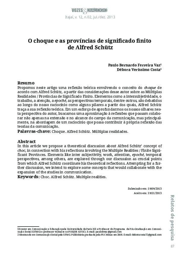 (PDF) O choque e as províncias de significado finito de Alfred Schütz
