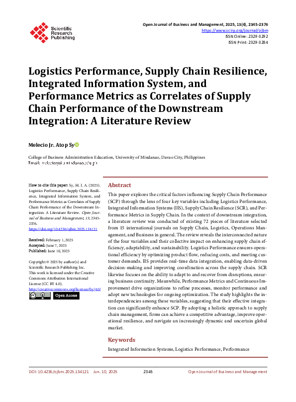 (PDF) Logistics Performance, Supply Chain Resilience, Integrated Information System, and ...