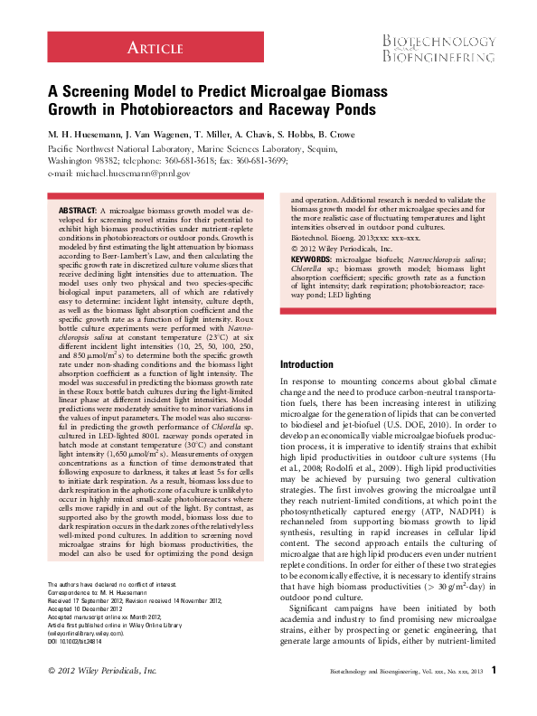 (PDF) A screening model to predict microalgae biomass growth in ...