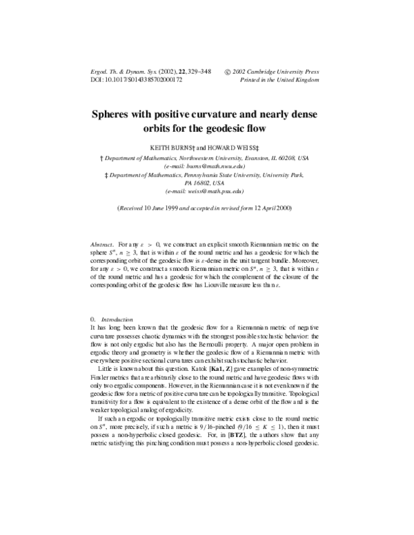 (PDF) Spheres with positive curvature and nearly dense orbits for the ...