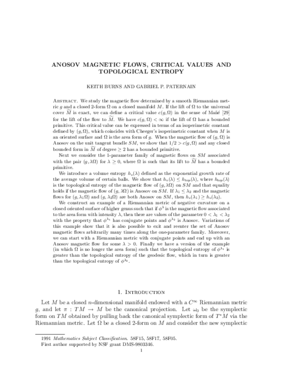 (PDF) Anosov magnetic flows, critical values and topological entropy