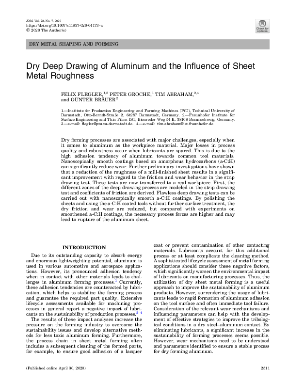 (PDF) Dry Deep Drawing of Aluminum and the Influence of Sheet Metal ...