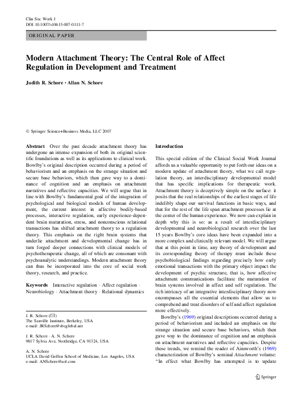 (PDF) Modern Attachment Theory: The Central Role of Affect Regulation ...