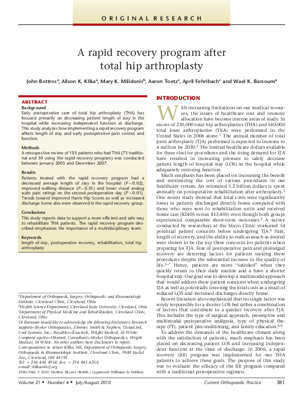 (PDF) A rapid recovery program after total hip arthroplasty